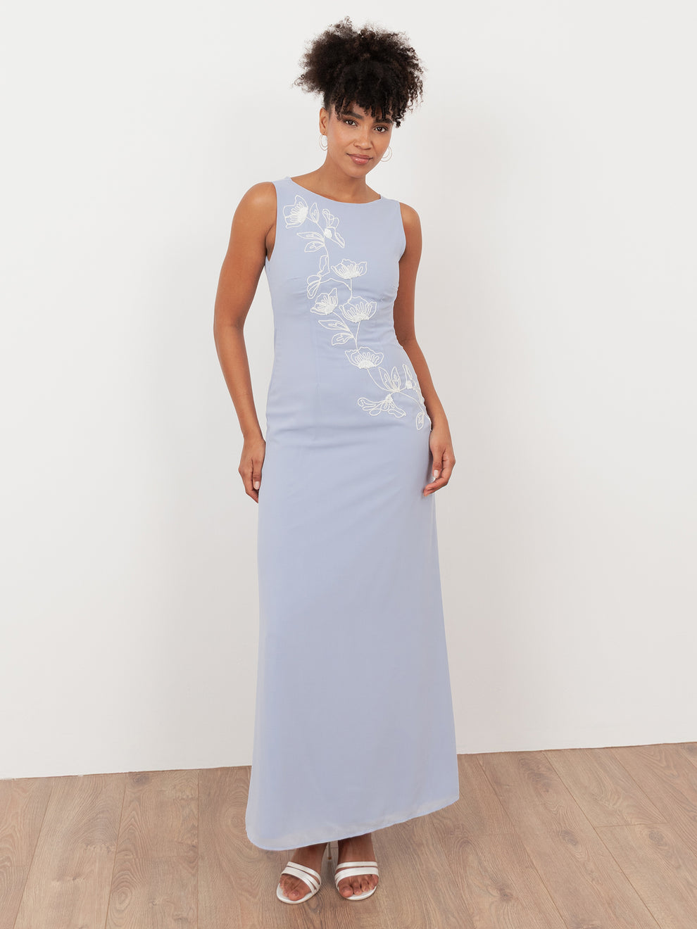 Maya Pastel Blue Floral Embroidered Cowl Back Maxi Dress – Maya Deluxe