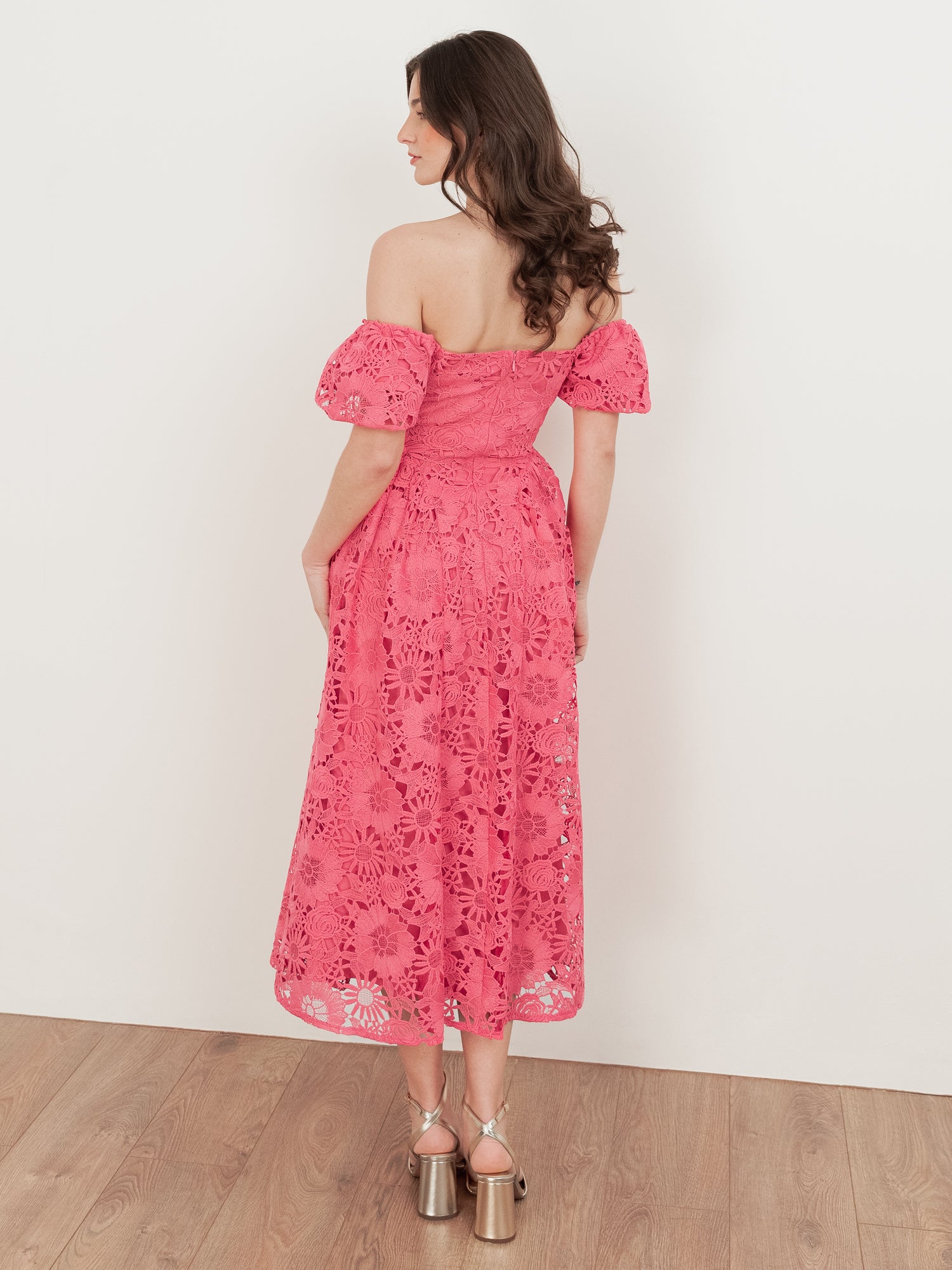 Maya Pink Puff Short Sleeve Lace Midi Dress – Maya Deluxe